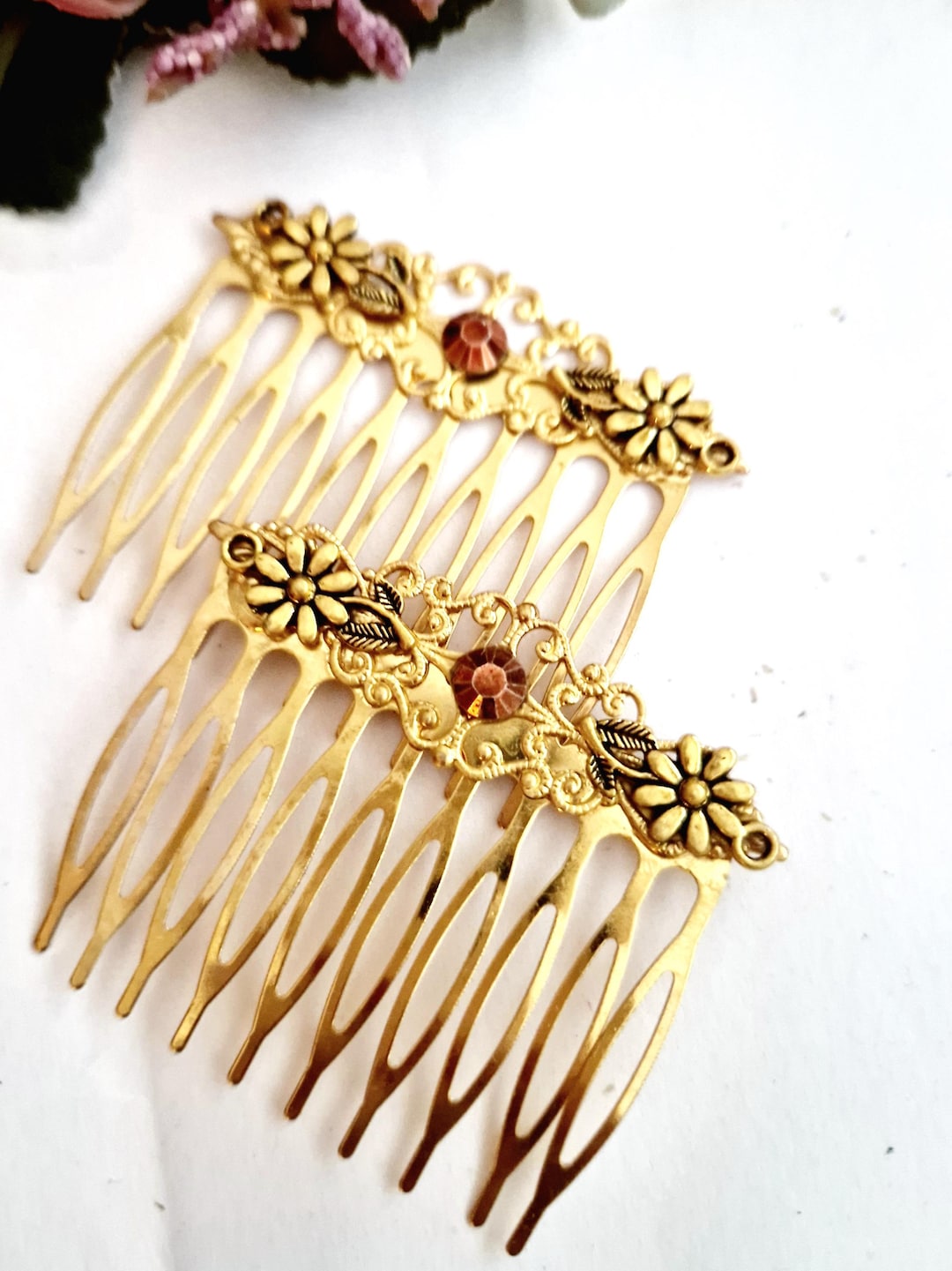 Set of 2 Vintage Inspired Gold Hair Comb,flowers,bronze Rhinestones ...