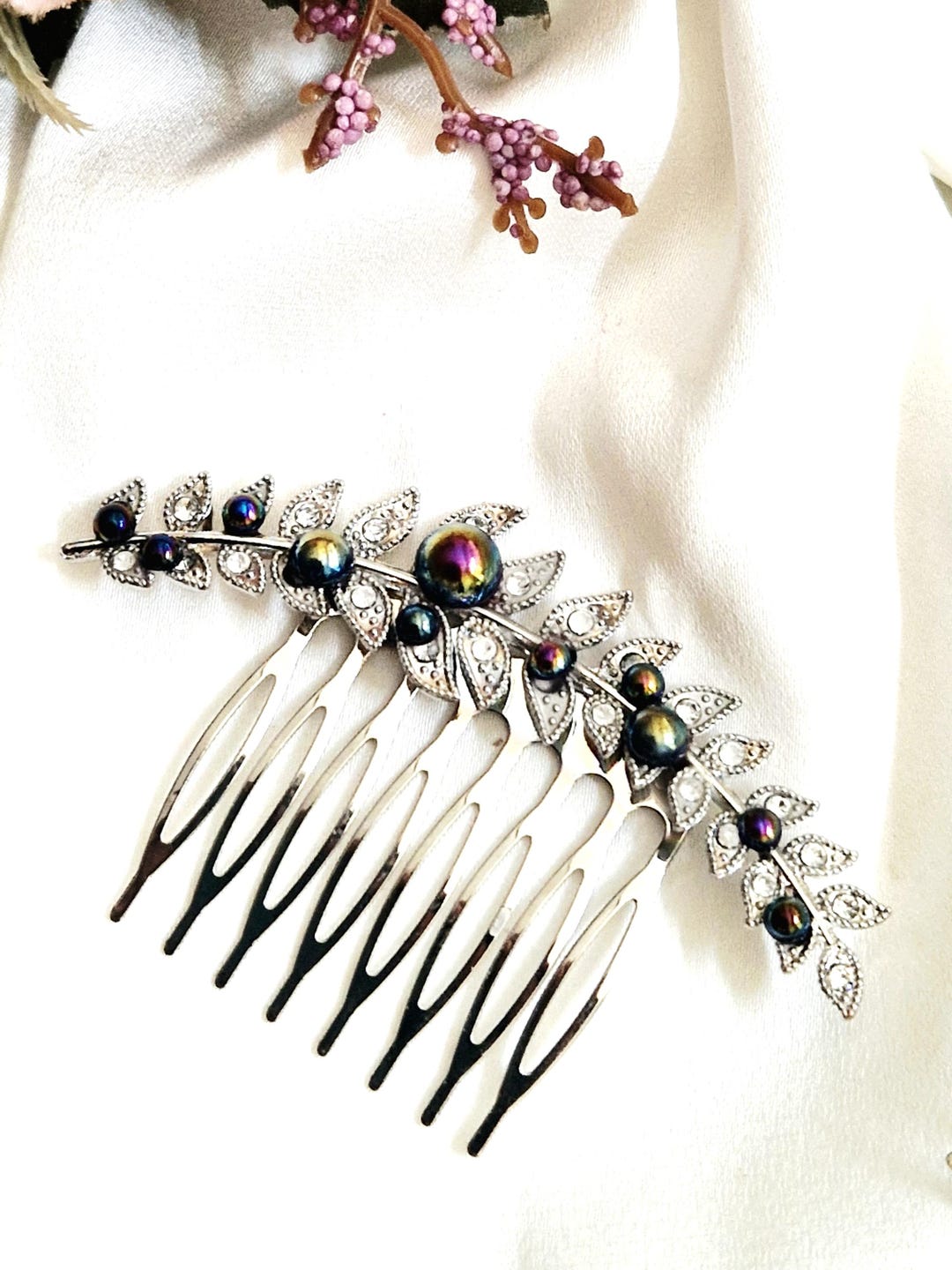 Silver Hair Comb With Dark Silver Ball Beads, Wedding, Glossy,sparkle ...