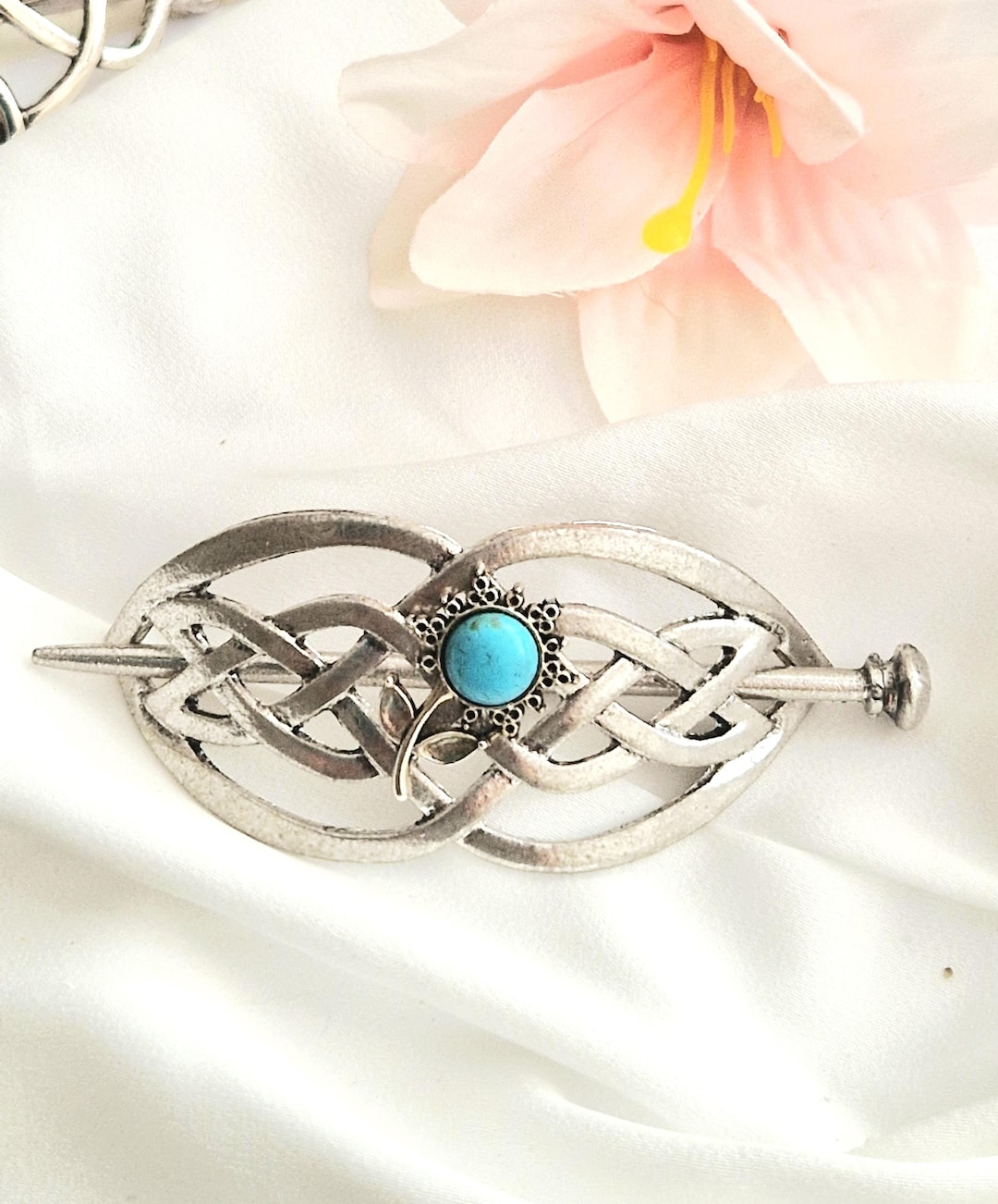 Silver Celtic Knot Hair Pin With Blue Stone Flower, Handmade Bun Holder ...