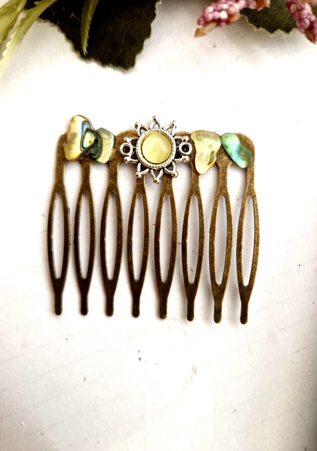 Yellow Crystal Bronze Hair Comb,vintage Inspired, Green Abalone Shell ...