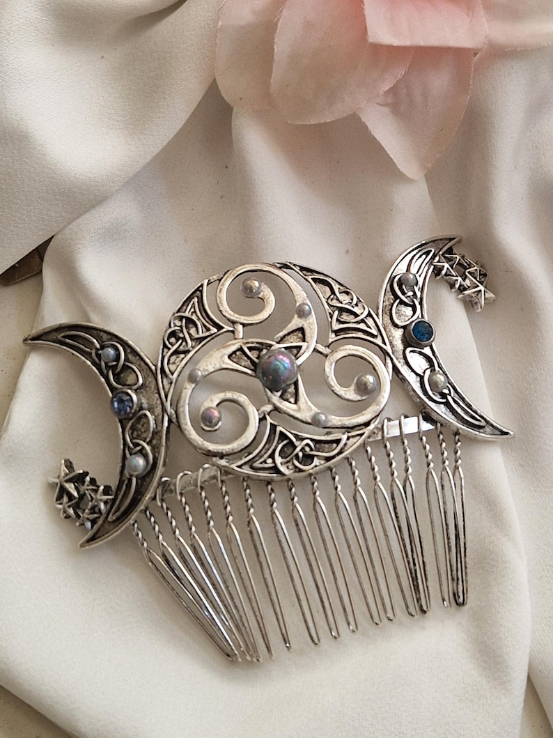 Silver Crescent Moon Hair Comb, Blue Gemstones, Celtic Bridal Hair ...
