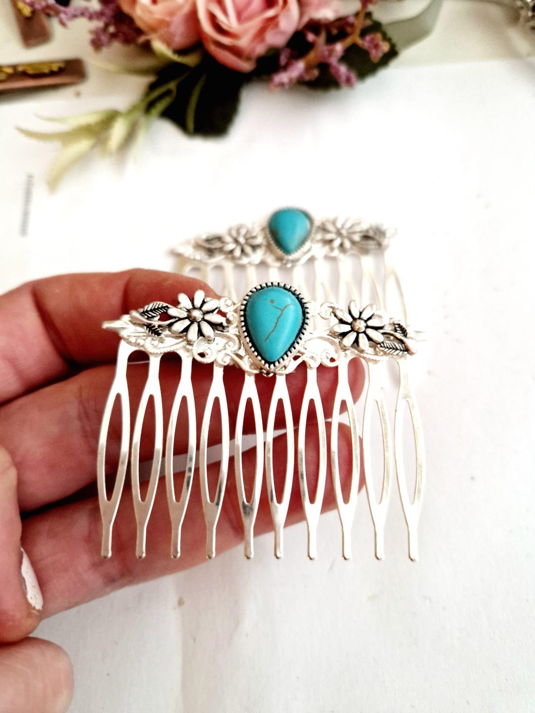 Set of 2 Silver Plated Filigree Hair Comb,blue Natural Stone,handmade ...