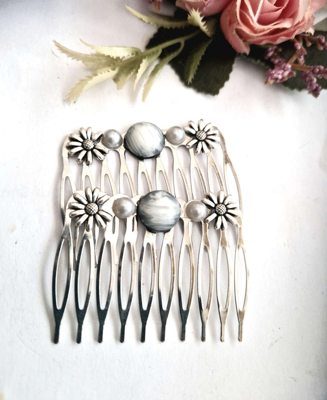 Set of 2 Light Grey Stones Silver Hair Combs,celtic,irish Flowers ...