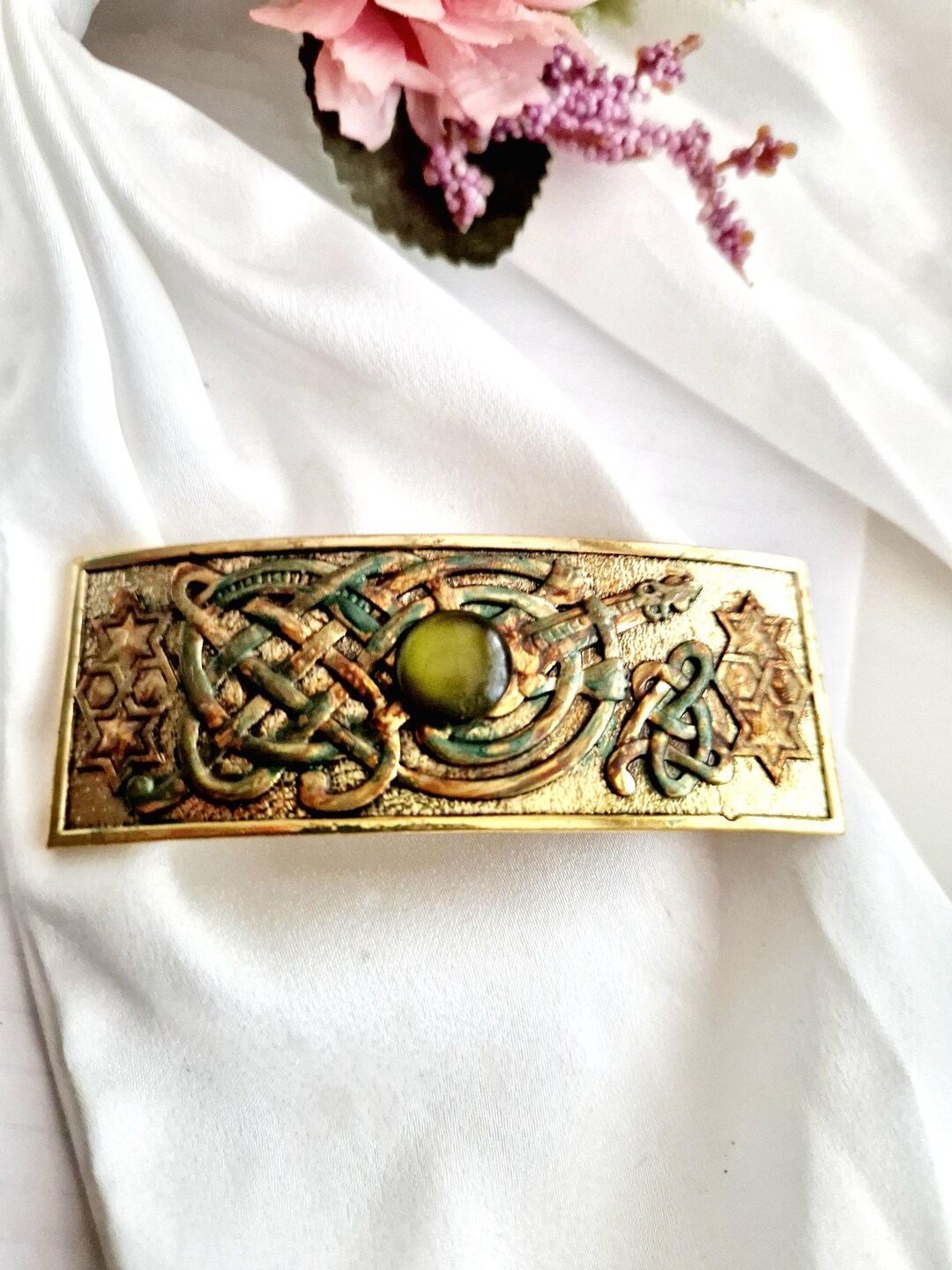 Green Natural Stone Antique Celtic Barrette, Brown and Gold,leaves ...