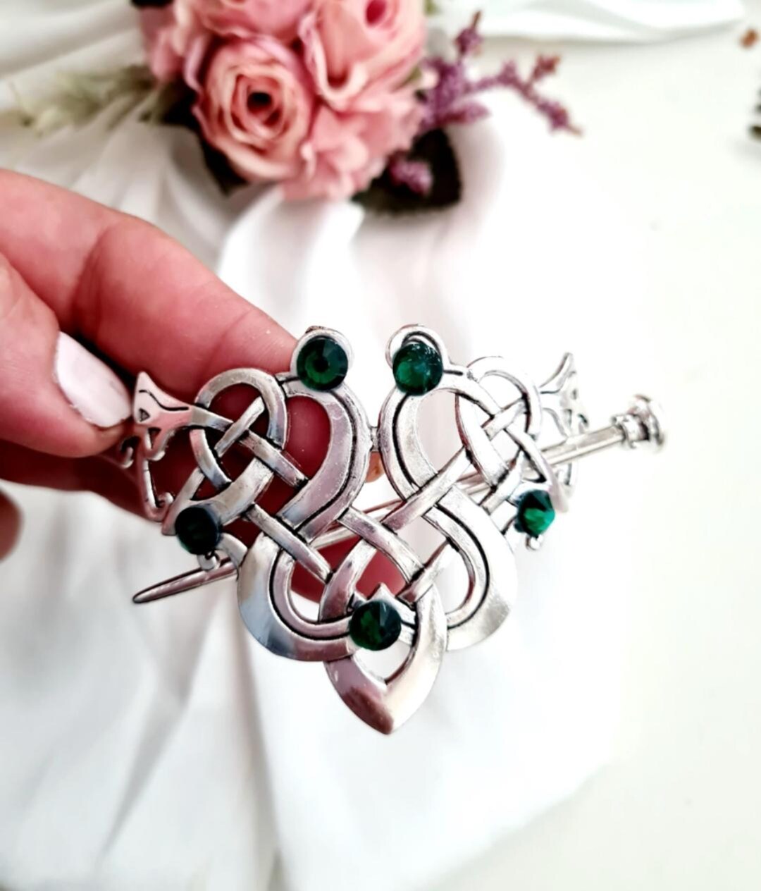 Antique Silver Celtic Knot Hair Pin, Emerald Rhinestones, Handmade - Etsy