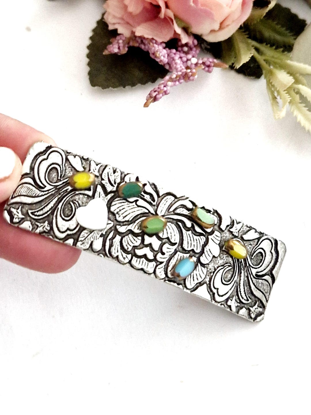 Fused Glass Beaded Celtic Barrette, Pearl Silver Hair Clip - Etsy