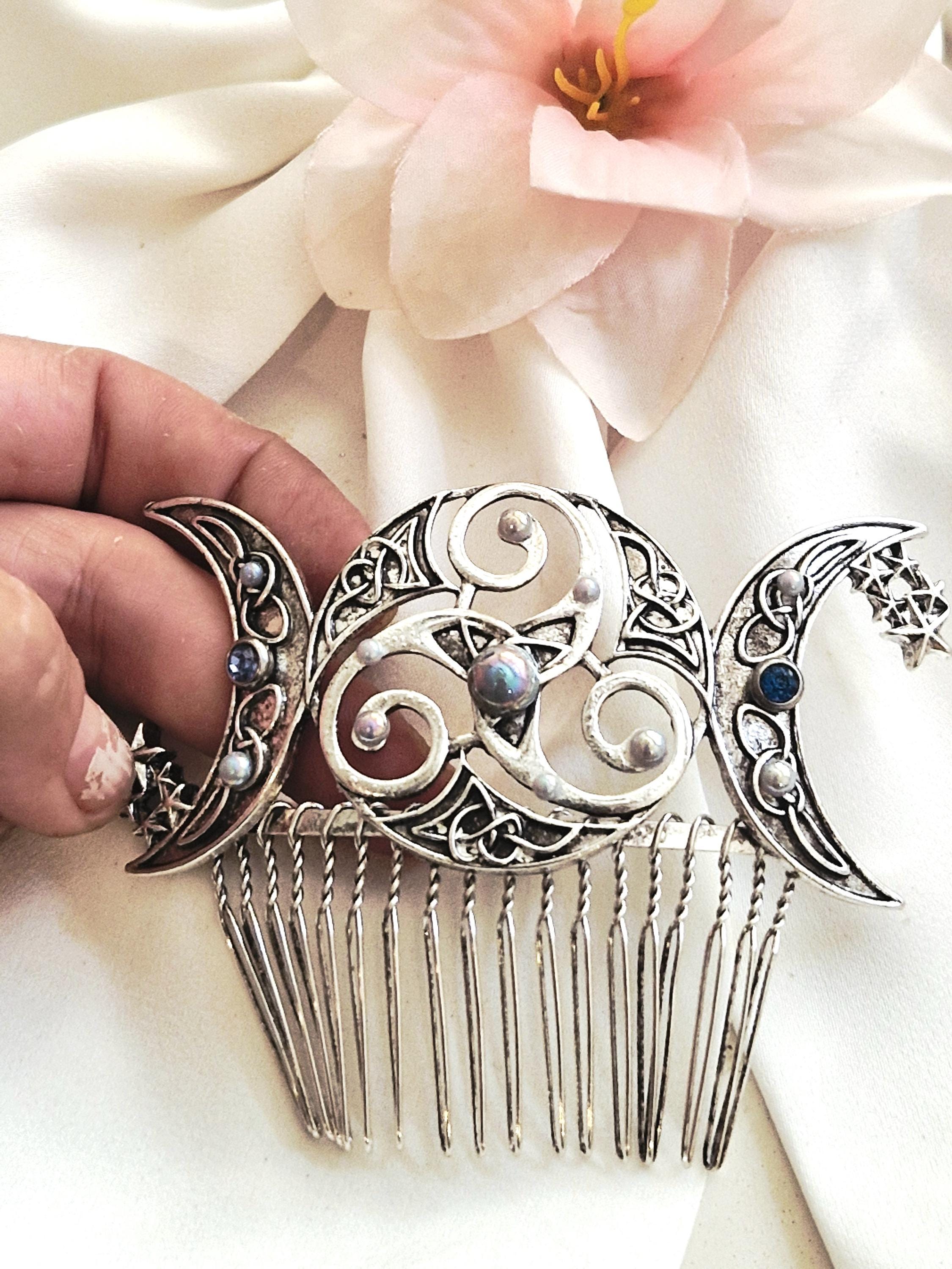 Silver Crescent Moon Hair Comb, Blue Gemstones, Celtic Bridal Hair ...