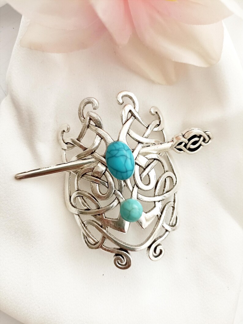 Silver Celtic Knot Hair Pin With Blue Natural Stones, Handmade, Large ...