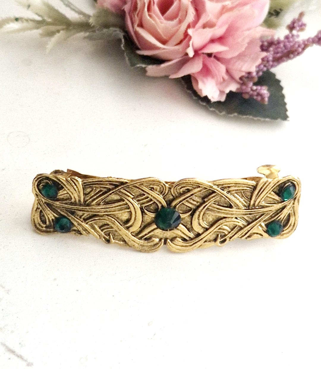 Antique Gold Large Celtic Barrette, Emerald Rhinestones, Handmade, High ...