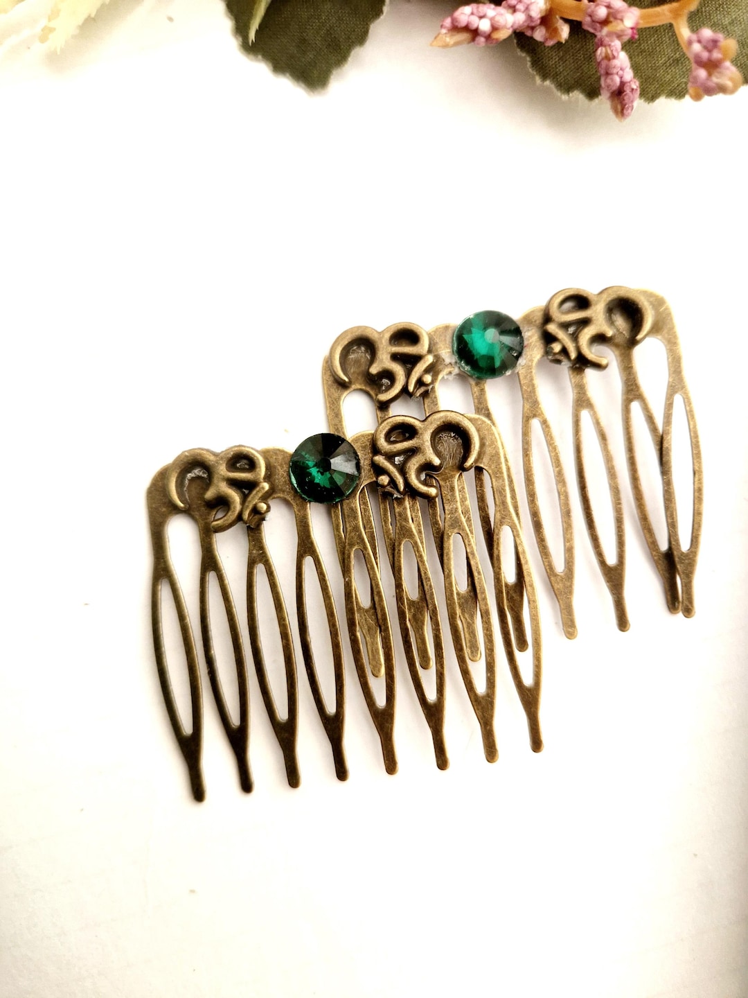 Set of 2 Vintage Inspired Bronze Hair Combs,emerald Rhinestones ...