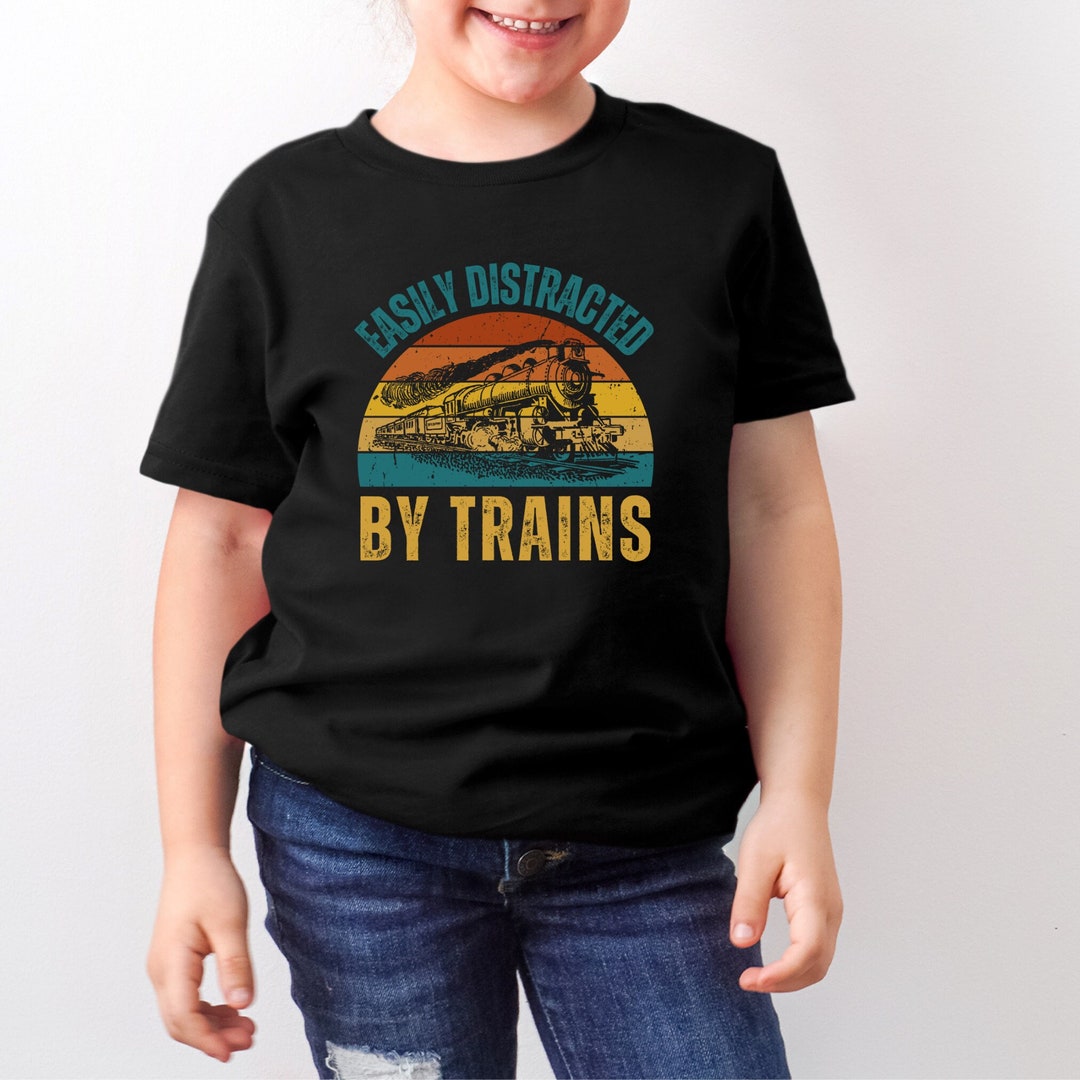 Kids Funny Train T Shirt, Easily Distracted by Trains Vintage Sunset ...