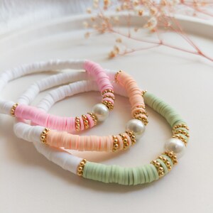 Pearl Heishi Bead Bracelet, White Pearl Bracelet, Polymer Clay Disc Bracelet - Etsy