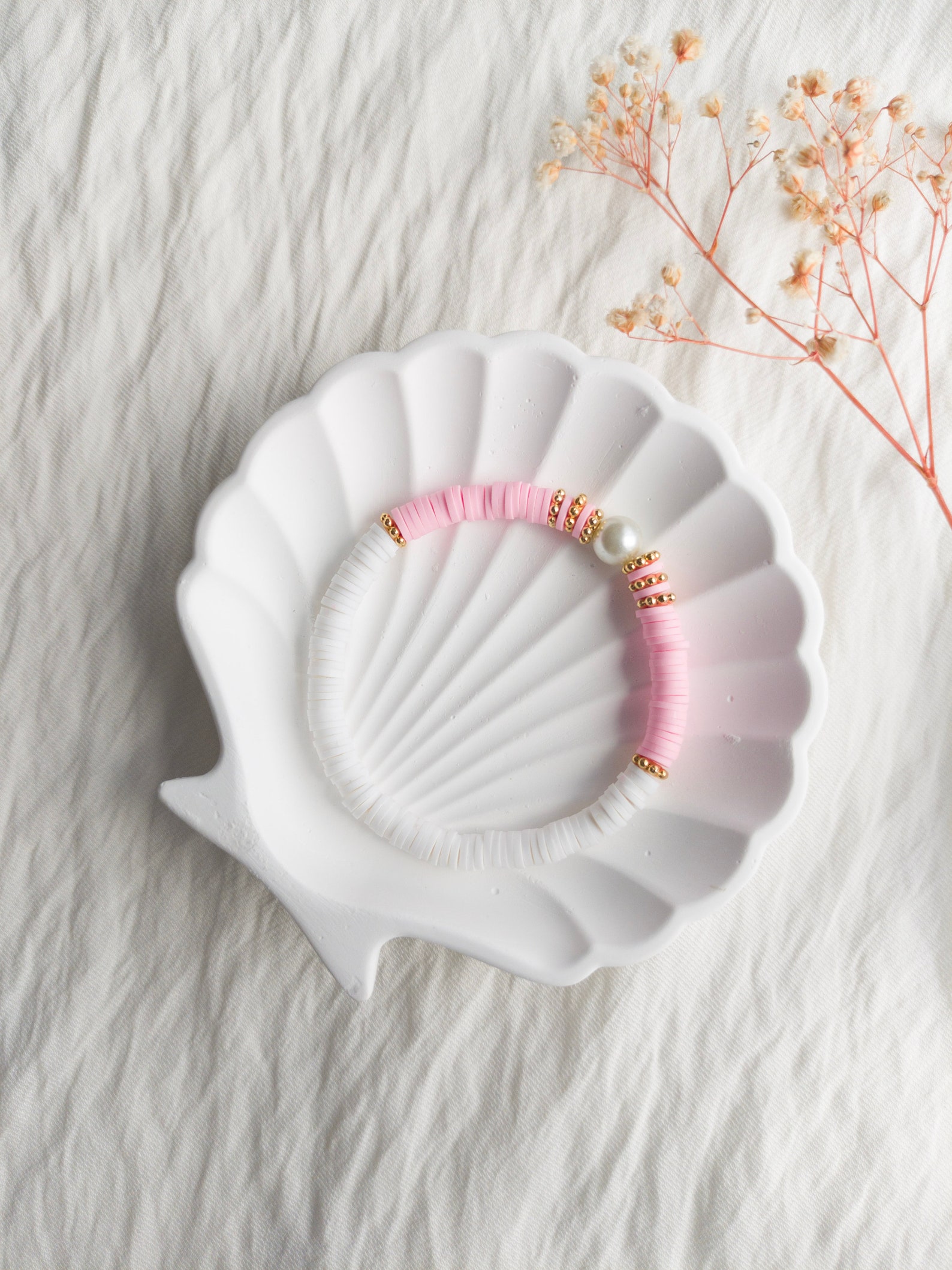 Pearl Heishi Bead Bracelet, White Pearl Bracelet, Polymer Clay Disc Bracelet - Etsy