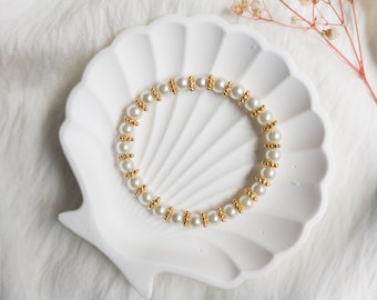 Pearl Heishi Bead Bracelet, White Pearl Bracelet, Polymer Clay Disc Bracelet - Etsy