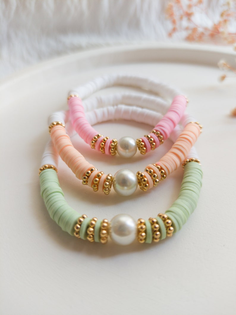 Pearl Heishi Bead Bracelet, White Pearl Bracelet, Polymer Clay Disc Bracelet - Etsy
