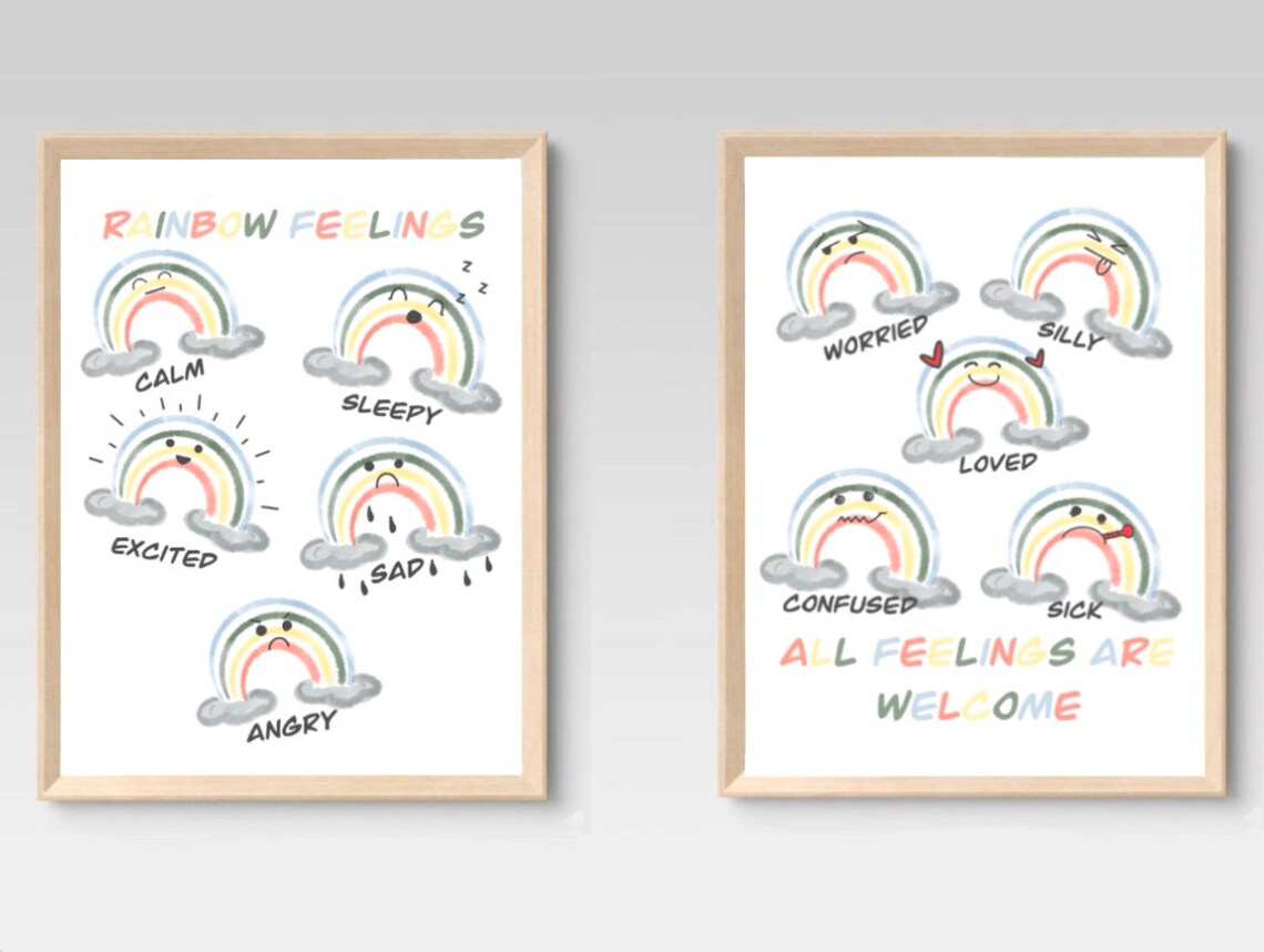Rainbow Feelings Emotion Chart Nursery Art for Childrens Room Therapy ...