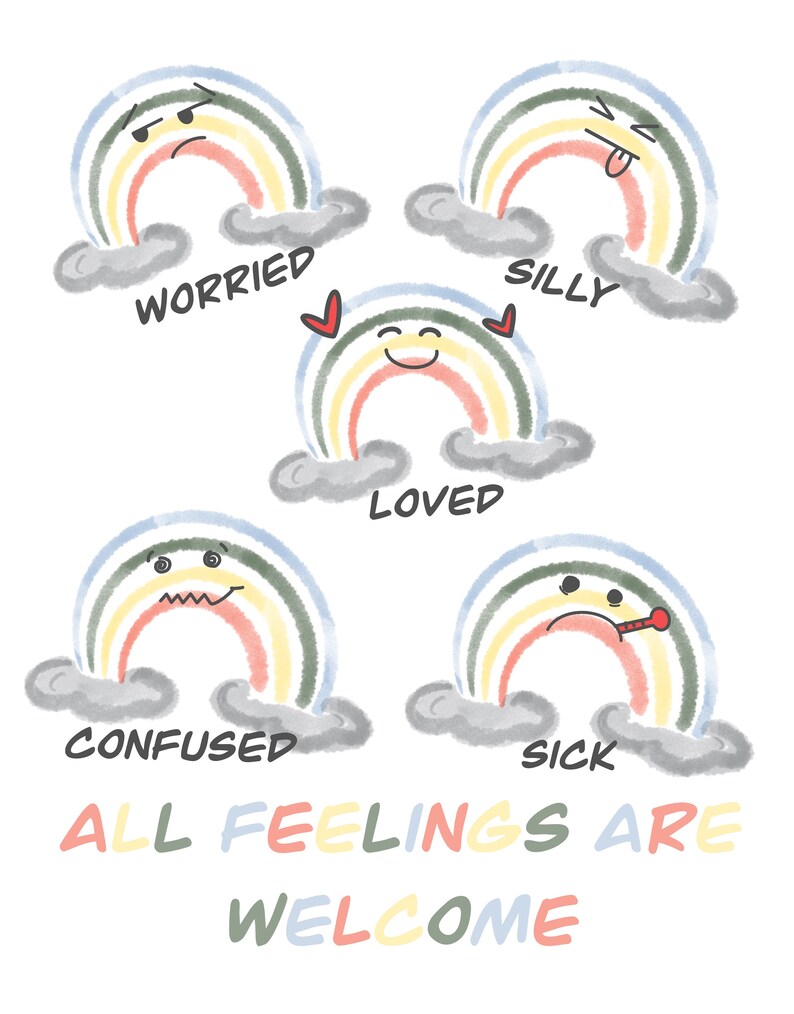 Rainbow Feelings Emotion Chart Nursery Art for Childrens Room Therapy ...
