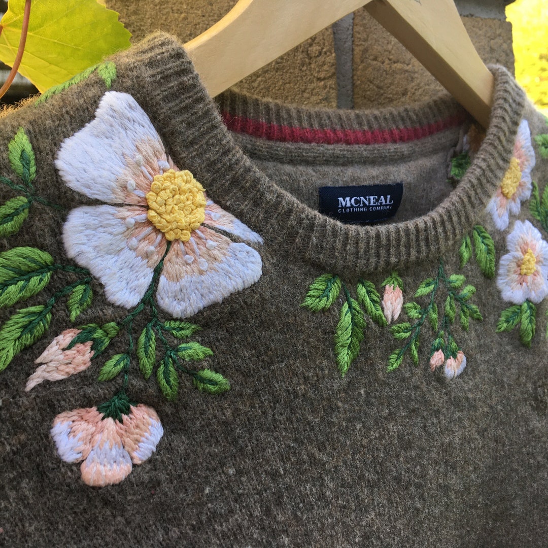 Hand Embroidered Floral Sweater - Etsy
