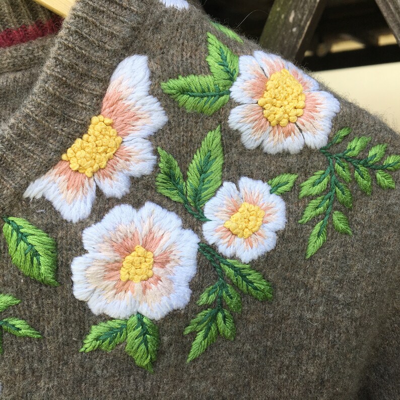Hand Embroidered Floral Sweater - Etsy