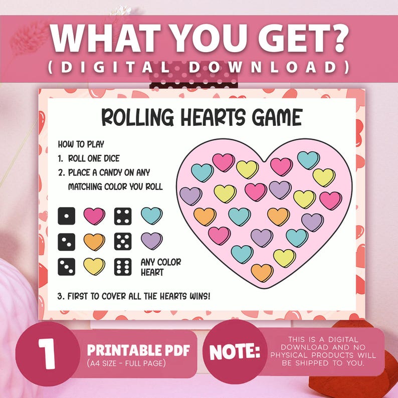 Valentine's Day Candy Game, Printable Rolling Hearts Valentine Games ...