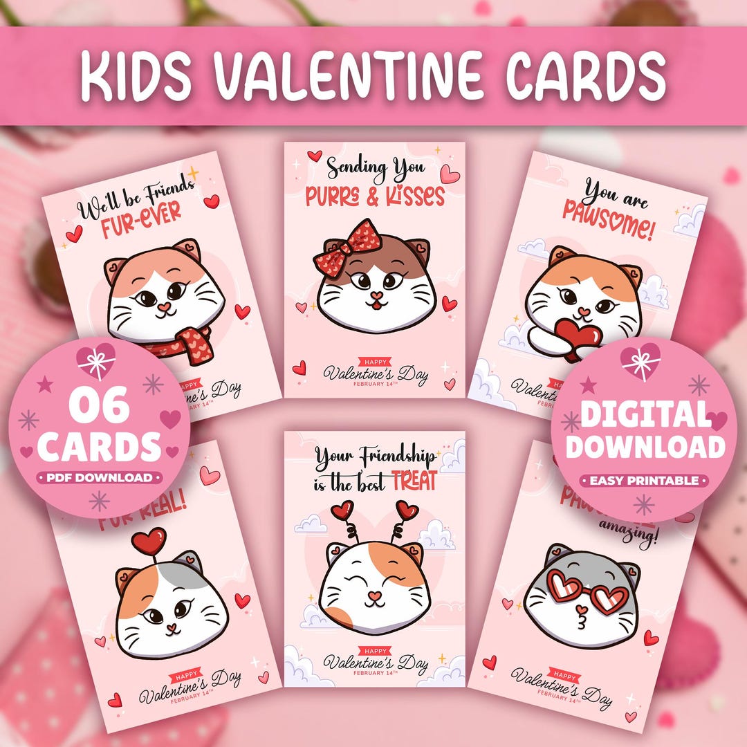 Printable Cat Valentine Cards, Classroom Valentines Day Cards, Kids ...