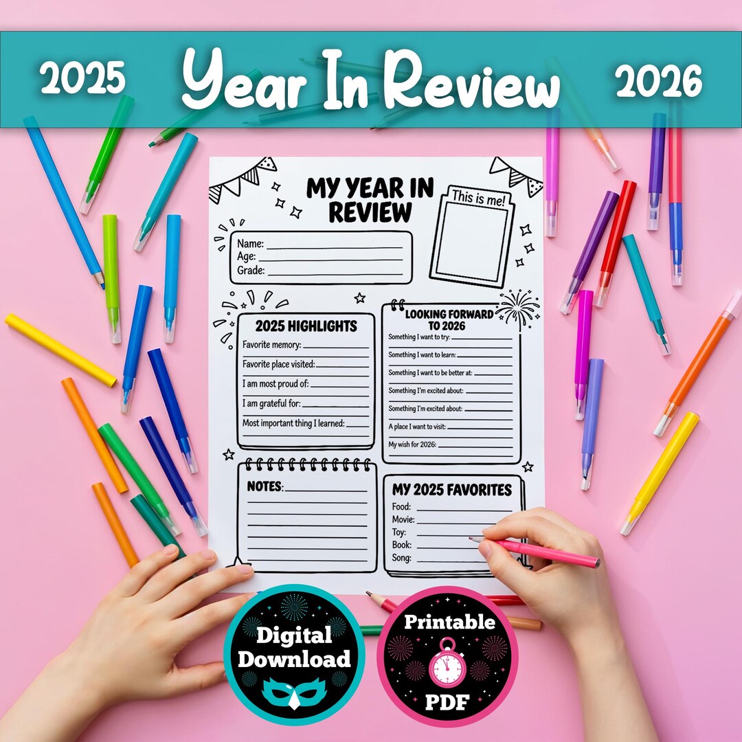 Kids New Year Resolution Printable: 2025 Review, 2026 Goals (digital ...