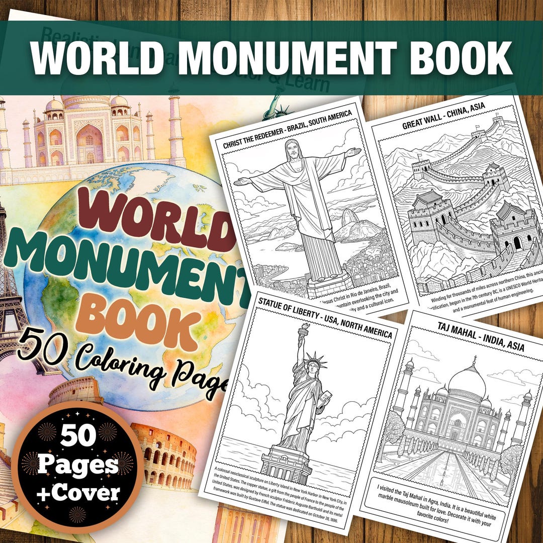 World Monuments Coloring Book | 50 Famous Landmarks (digital Download ...