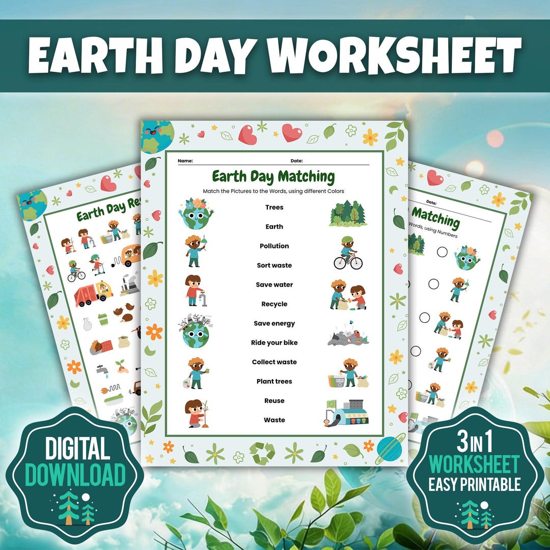 Earth Day Matching Worksheet, Kids Educational Game, Fun Earth Day ...