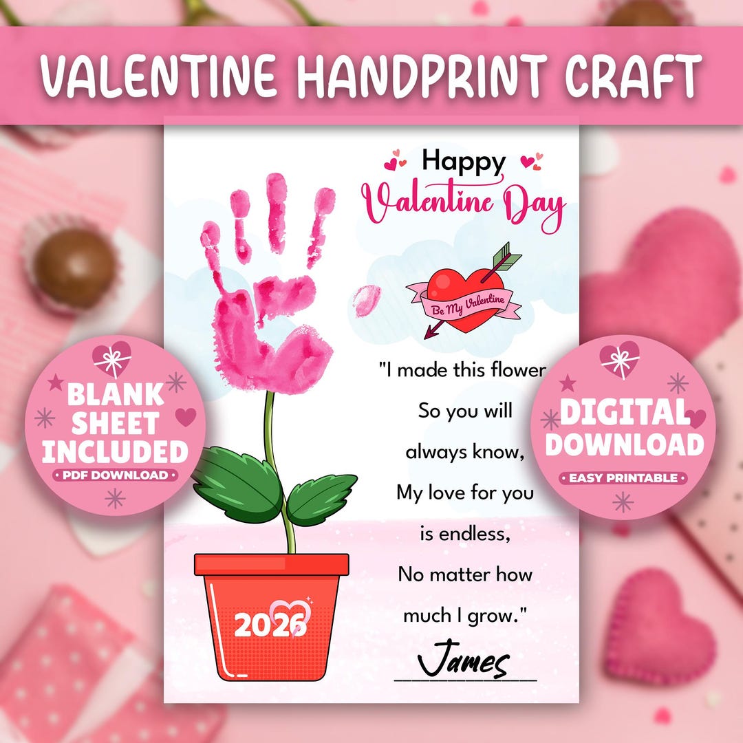 Valentine Handprint Craft for Kids, Flower Poem Keepsake, Printable ...
