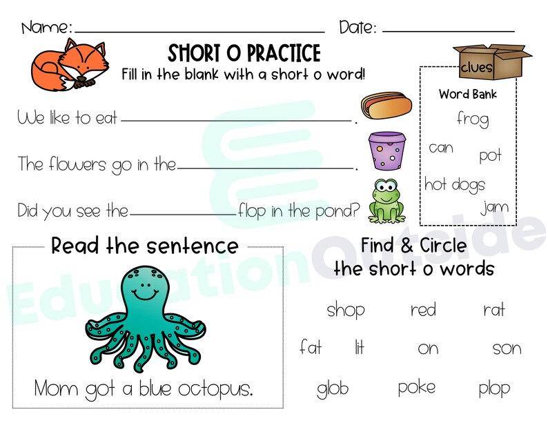 Short O, Short Vowel, CVC Words, Children Worksheets, Reading Printable ...