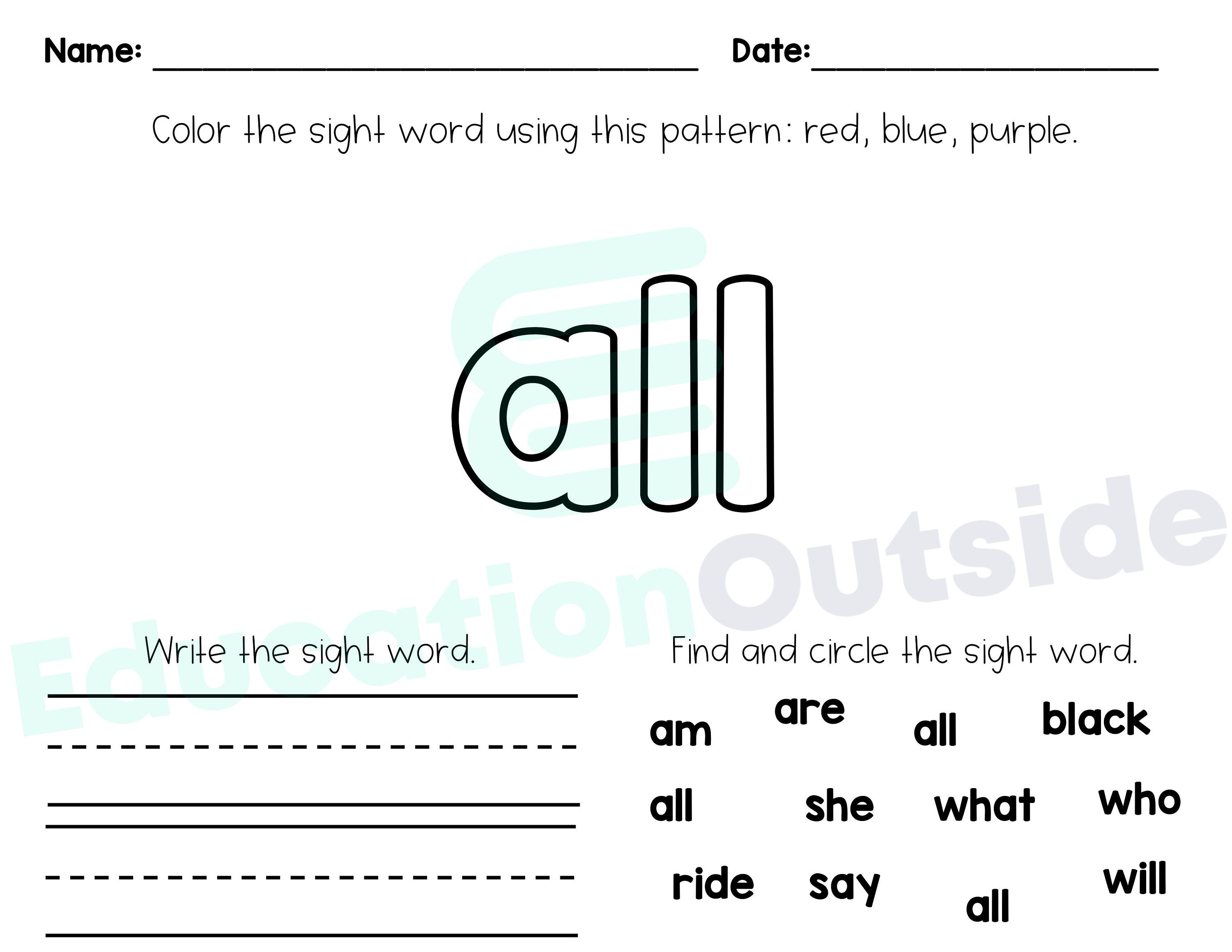 Dolch Sight Word Coloring Pages