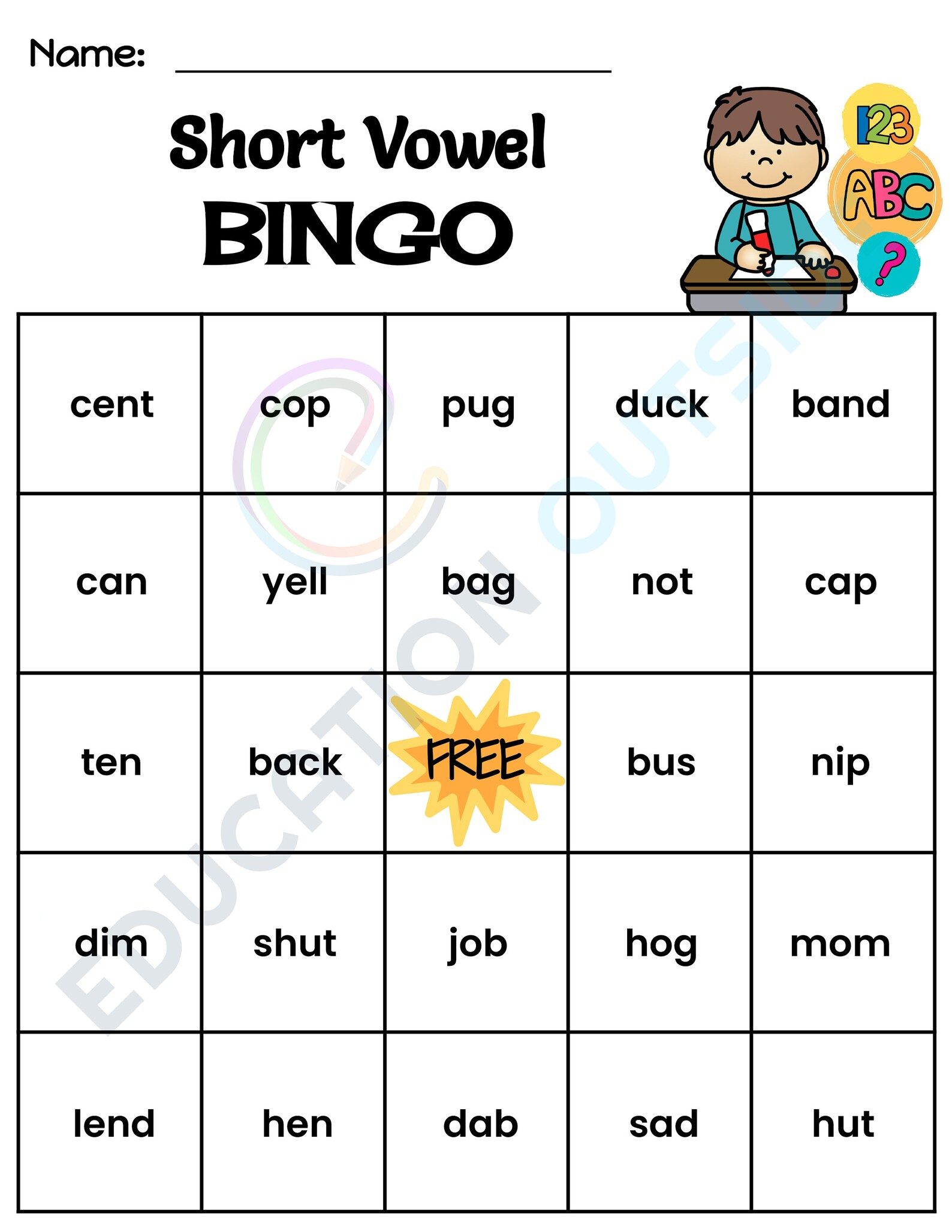 Short Vowels, Printable Bingo, First Grade, Kindergarten Worksheets ...