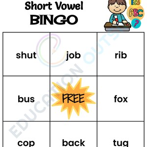 Short Vowels, Printable Bingo, First Grade, Kindergarten Worksheets ...