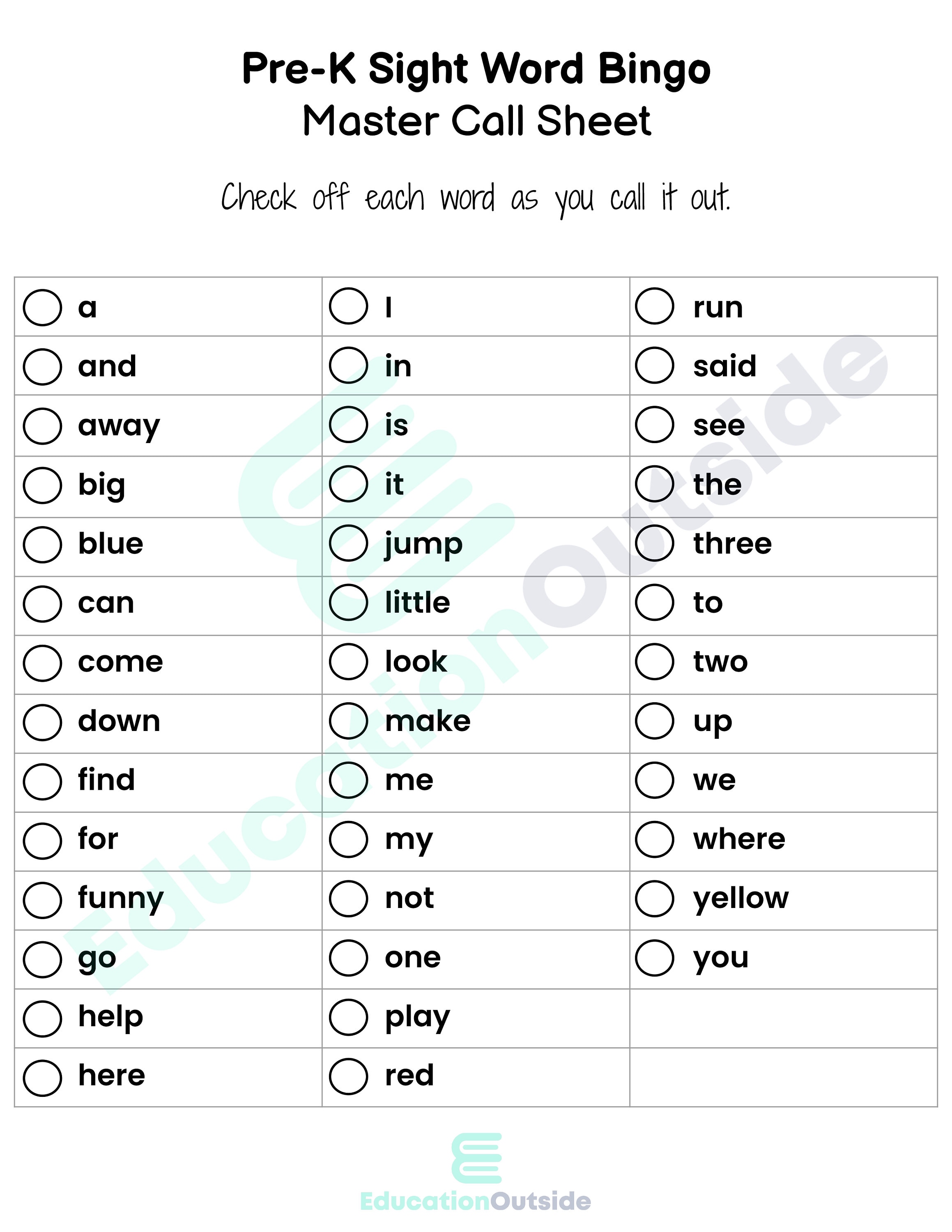 Printable Bingo Dolch Pre Primer Preschool Worksheets Sight Words ...