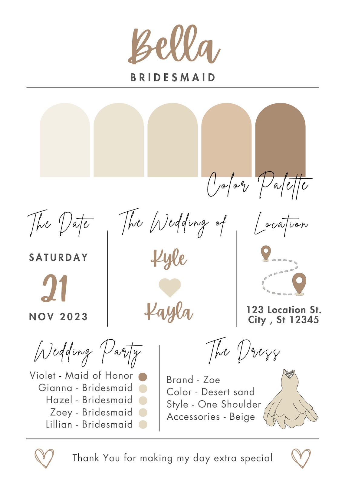 Gold Bridesmaid Info Color Palette Personalized Wedding Dress Code ...