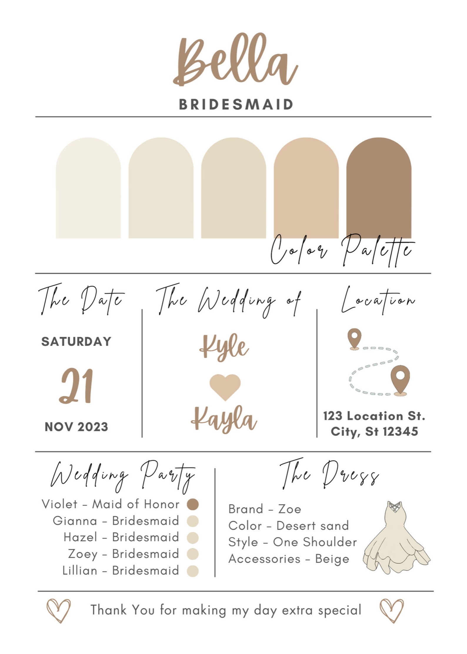 Gold Bridesmaid Info Color Palette Personalized Wedding Dress - Etsy