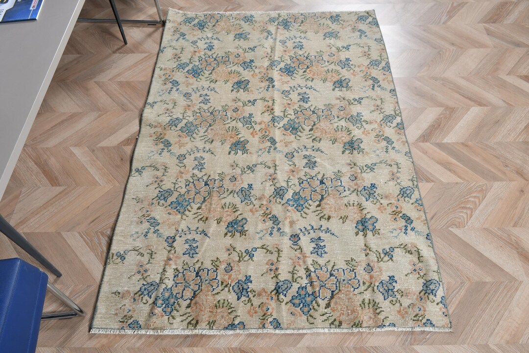 Vintage Rug, 4x5 Accent Rugs, Turkish Rug, Floral Oushak Rug, Rugs for ...