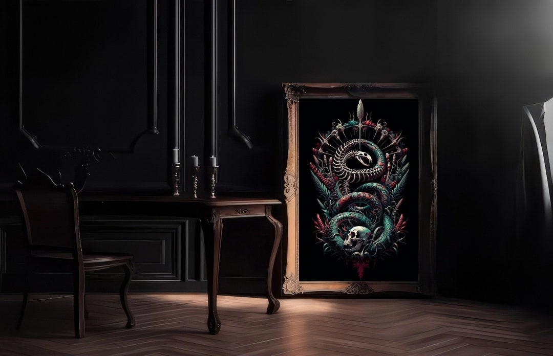 Snake Skeleton Illustration Art, Dark Cottagecore Art, Snake Skeleton ...