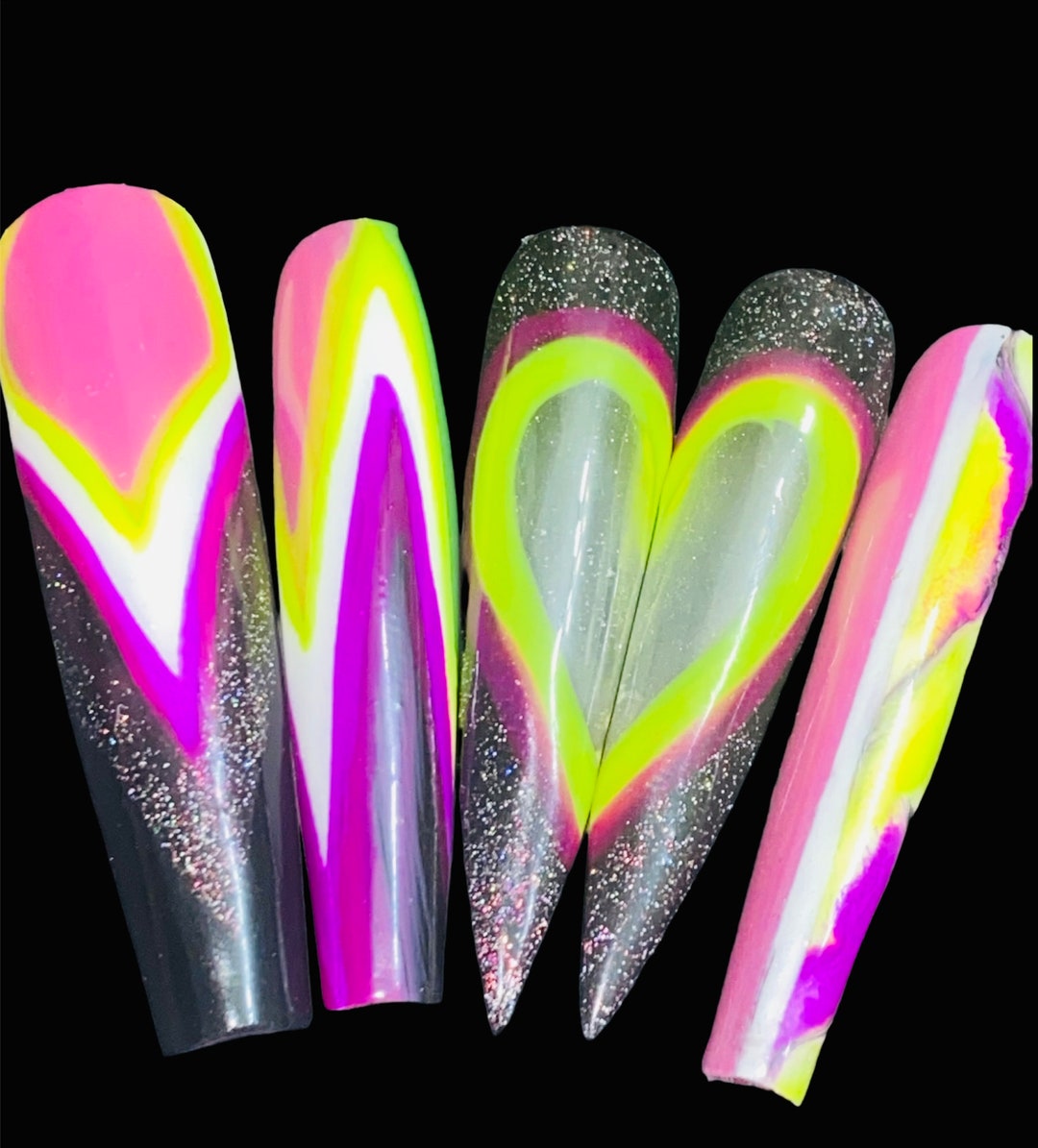 Neon Heart Beat Press on Nails | Long| Xxl | Xxxl| Gift for Her - Etsy