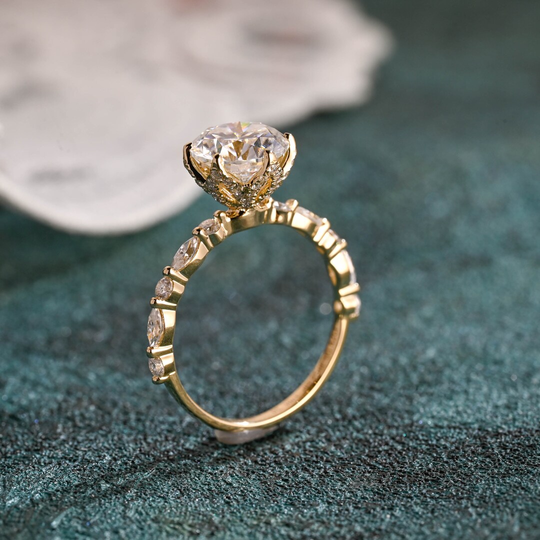 Solid Gold Round Moissanite Engagement Ring for Woman, Vintage Promise ...