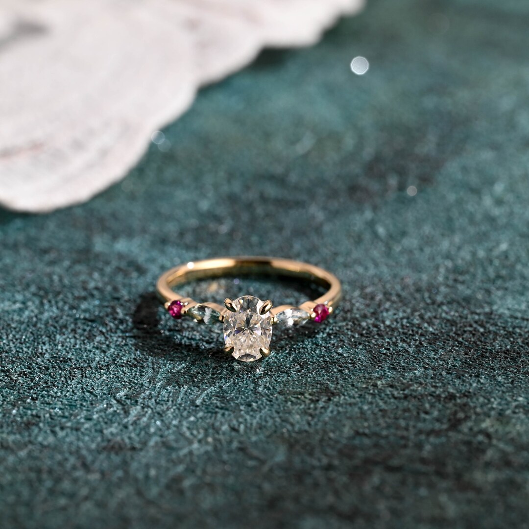 Solid Gold Oval Moissanite Engagement Ring With Lab Grown Sapphire ...