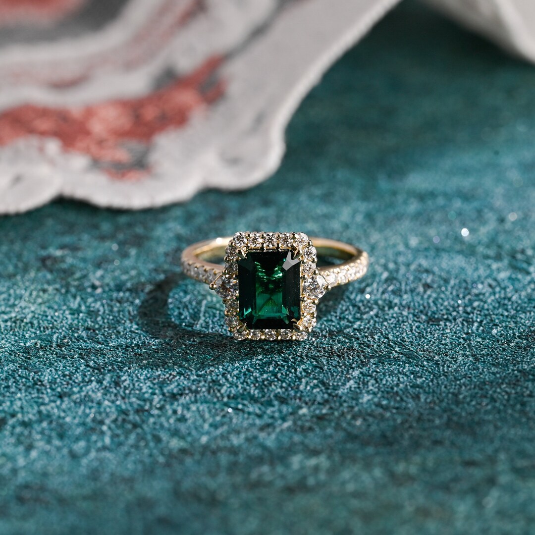 Solid Gold Lab Grown Emerald Solitaire Engagement Ring, Zambian Dark ...