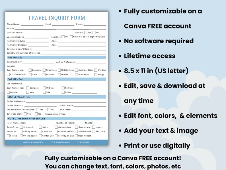 Travel Agent Forms, Canva Travel Agent Templates Business Form, Travel ...