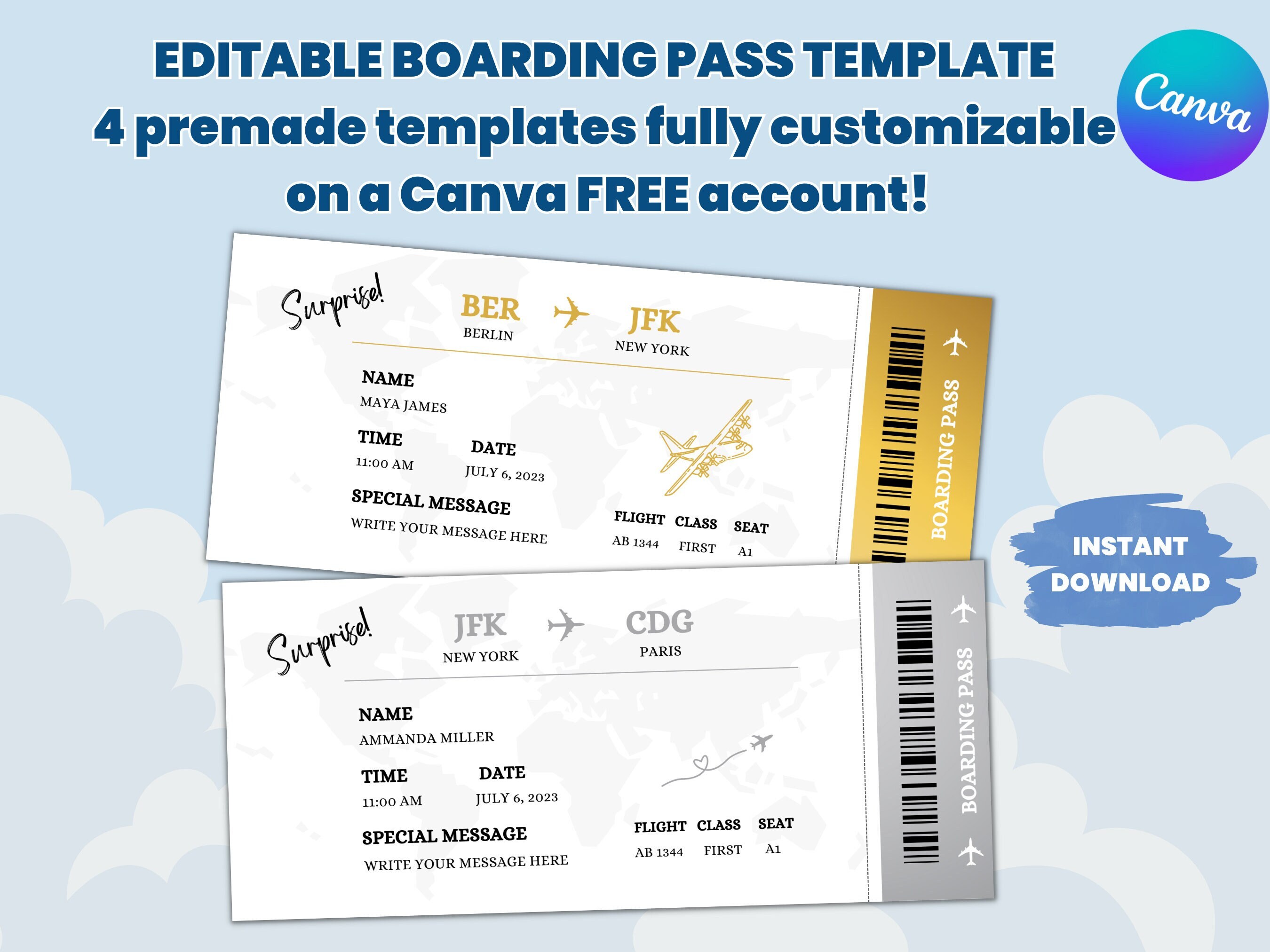 Customizable Boarding Pass Template, Personalized Canva Flight Ticket ...