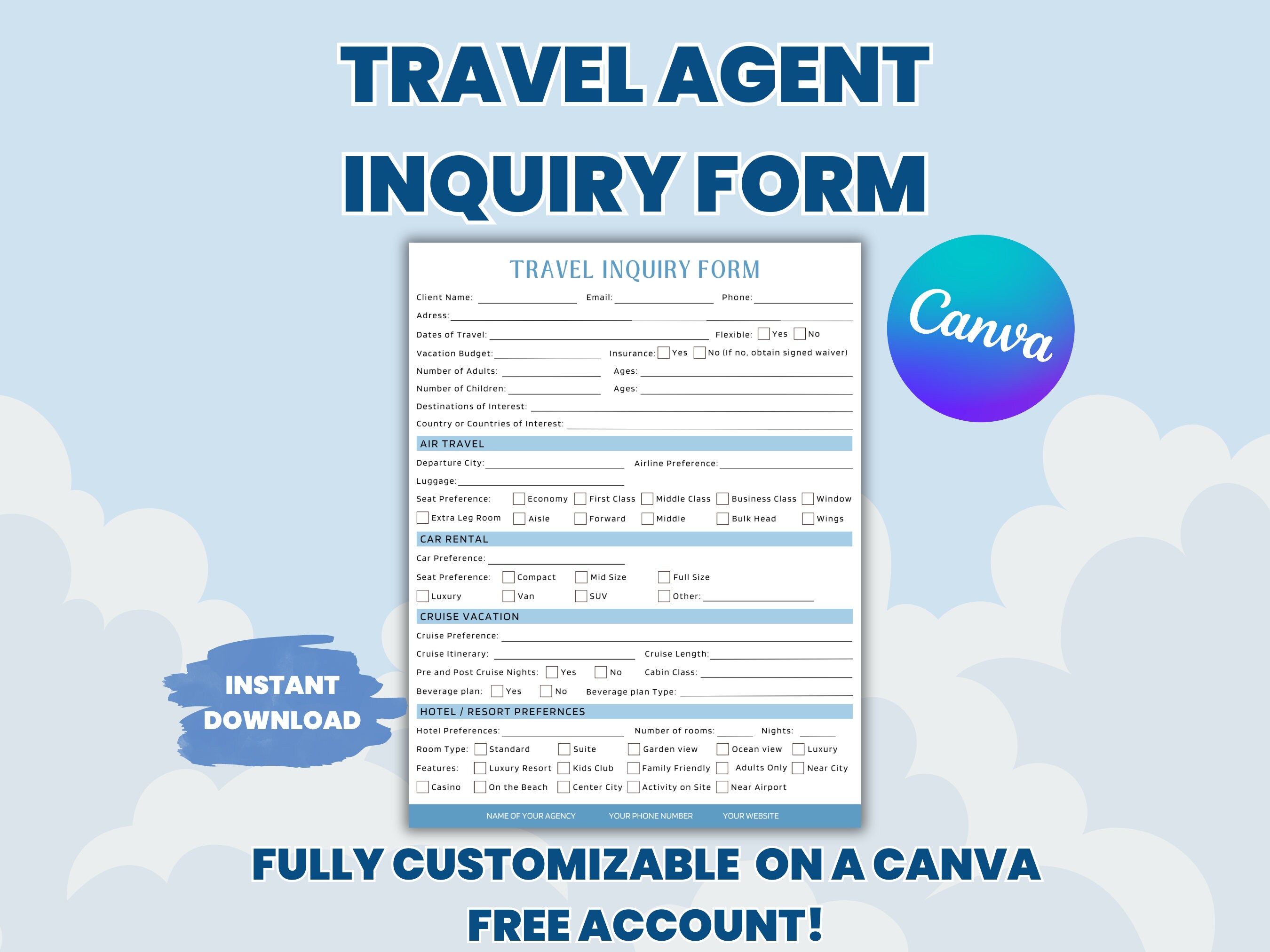 Travel Agent Forms, Canva Travel Agent Templates Business Form, Travel ...