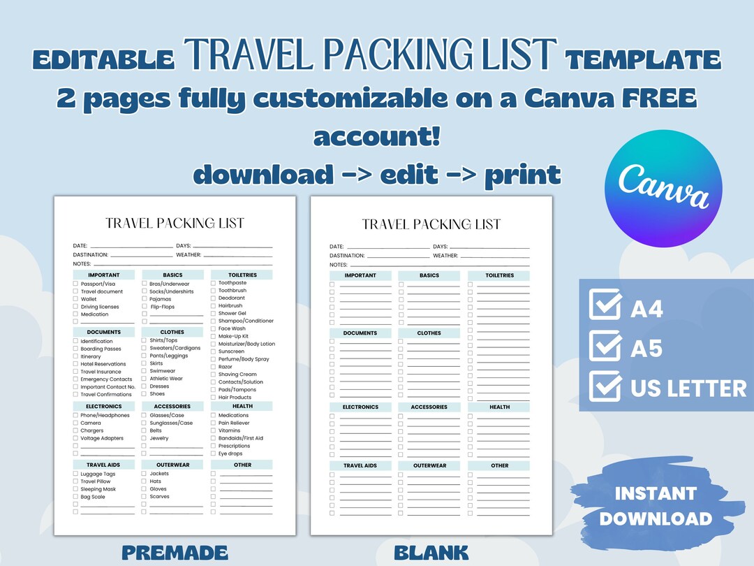 Editable Travel Packing List Template, Printable Packing Checklist ...