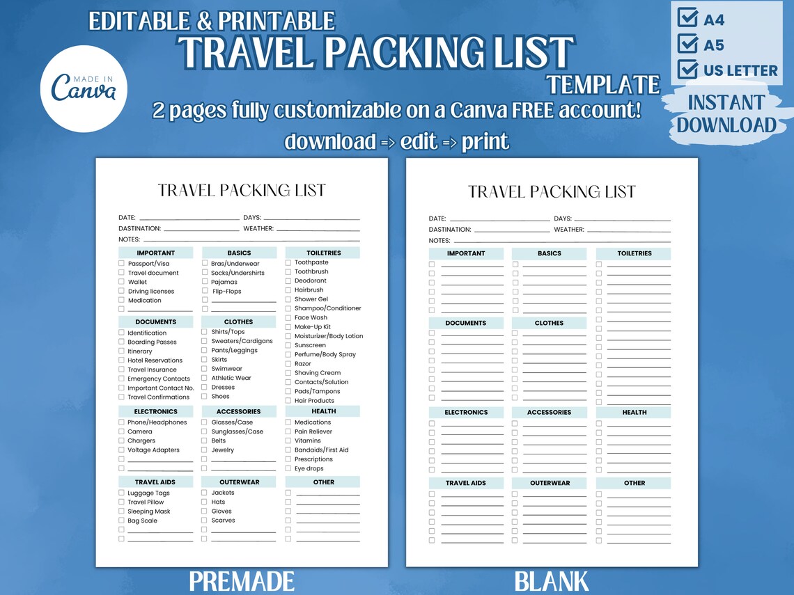 Editable Printable Travel Packing List Template, Packing Checklist ...