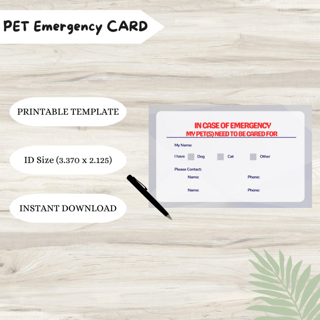 Pet Emergency Card Pet in Need of Care Card in Case of Emergency Pet ...