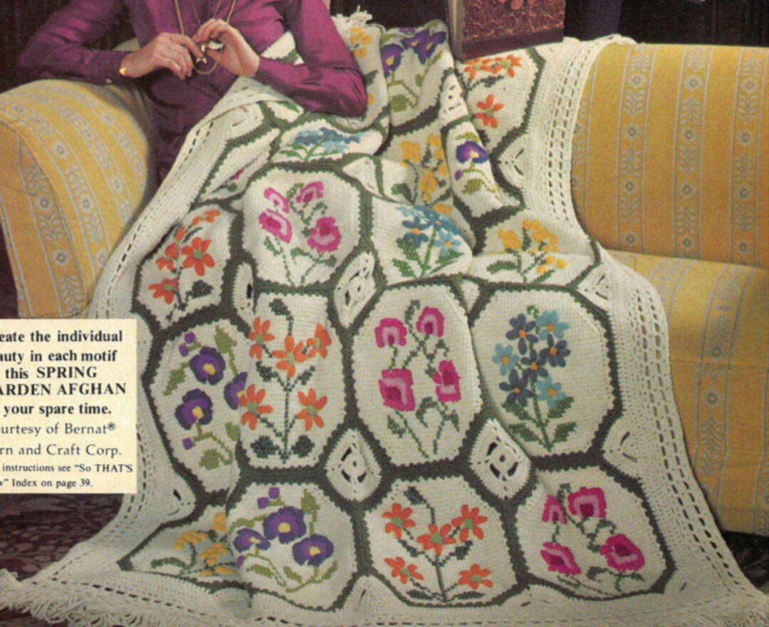 Vintage Crochet Pattern Spring Garden Afghan in Afghan Stitch With ...