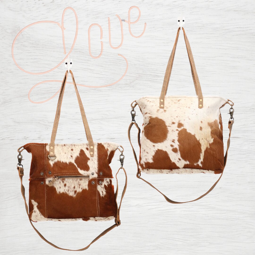 Boho Style Brown White Cowhide & Leather Bag, Market, Travel, Shoulder ...